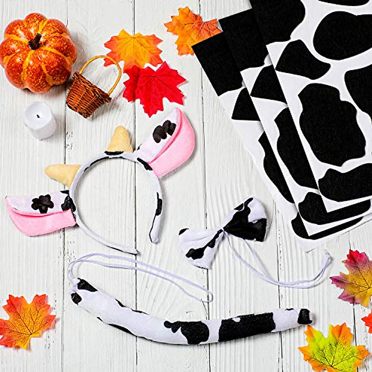 WILLBOND 5 Sheets Cow Felt Pads Adhesive Felt Circles with 1 Set Halloween Cow Ear Headband, Bow Tie and Cow Tail for Halloween DIY Costume, Over 6 Years