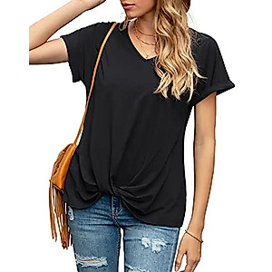 Iandroiy Women's V Neck Short Sleeve Casual Tops Twist Knot Blouse T Shirts (X-Large, Black)