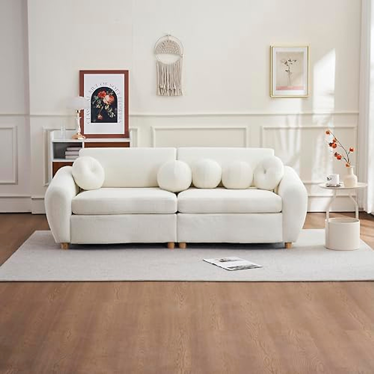 Deap Seat Curved Modular Sectional Sofa Teddy Fleece Upholstered Cloud Couch with 5 Decorative Throw Pillows,Modern Luxury 3-Seat Boucle Leisure Sofá with Solid Wood Legs for Living Room Office