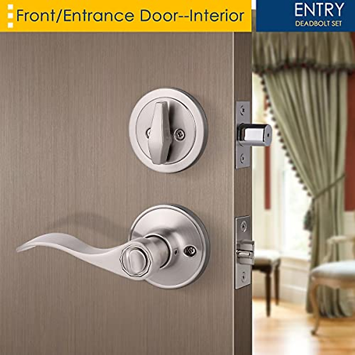2 Pack Keyed Alike Entry Lever Door Handle and Single Cylinder Deadbolt Lock with Same Keys, Wave Style Locking Lever Handle Set [Front Door or Office] Right & Left Sided Doors, Satin Nickel