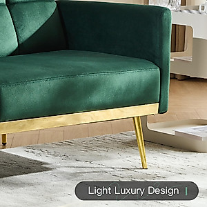 DIFY 70'' Velvet Futon Sofa Bed, Convertible Sleeper Sofa Tufted Couch with Adjustable Armrests and Backrest, Modern Loveseat Sleeper Bed with 2 Bolster Pillows for Living Room, Green