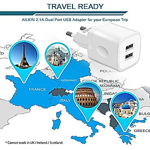 European Travel Plug Block, Wall Charger Power Adapter for Europe Adaptor, 2.1A Dual Port USB Cube Fast Charging Box Base Brick for iPhone 13 Pro Max 12 11 XR XS X/8/7, US American to Europe Converter