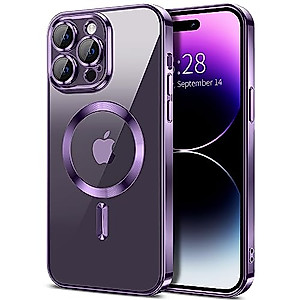 Hython Magnetic Clear Case for iPhone 14 Pro Case [Compatible with MagSafe] [Full Camera Lens Protection] Luxury Plating Edge Slim Soft TPU Cover Shockproof Protective Phone Case, Purple