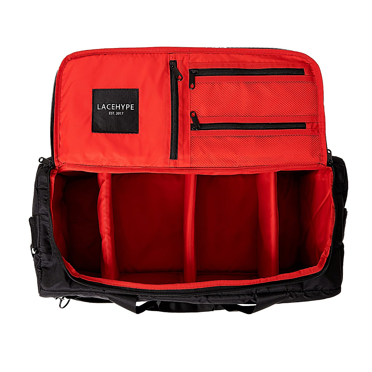 PREMIUM Sneaker Bag, Duffel Bag, Gym Training Bag, Travel Bag, Basketball Bag, Footbal Bag with 3 adjustable compartment dividers (Black/Red)