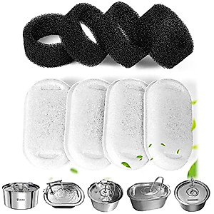 BLUZZO Cat Water Fountain Filters, 4PCS Carbon Filters & 4PCS Pre-Filter Sponges, Pet Water Fountain Filters for 3.2L/108oz Stainless Steel Cat Water Fountain Dog Water Fountain