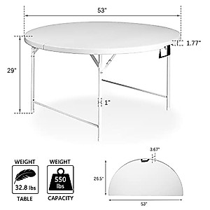 Vilobos Round Folding Table, 4.4-Foot 53” Dia Portable Plastic Table Comfortable for 6 to 8 Seat, Party Banquet Table for Conference Card Camping Wedding Dining Outdoor Picnic Family Festival Events
