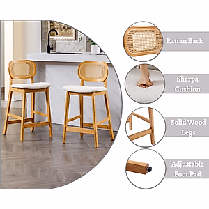EALSON Counter Height Bar Stools Set of 2 Rattan Back Farmhouse Barstools Mid Century Modern Wood Bar Chairs Comfortable Sherpa Upholstered Kitchen Island Chairs for Pub/Breakfast Bar, Beige