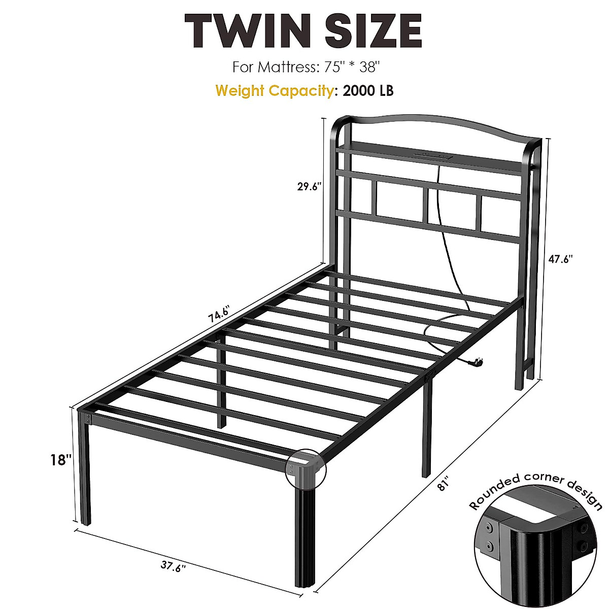 YORMDMO Twin Bed Frame - Storage Headboard with Charging Station, Easy Assembly, Heavy Duty Metal Bed Frame, No Box Spring Needed, 18 Inch, Black