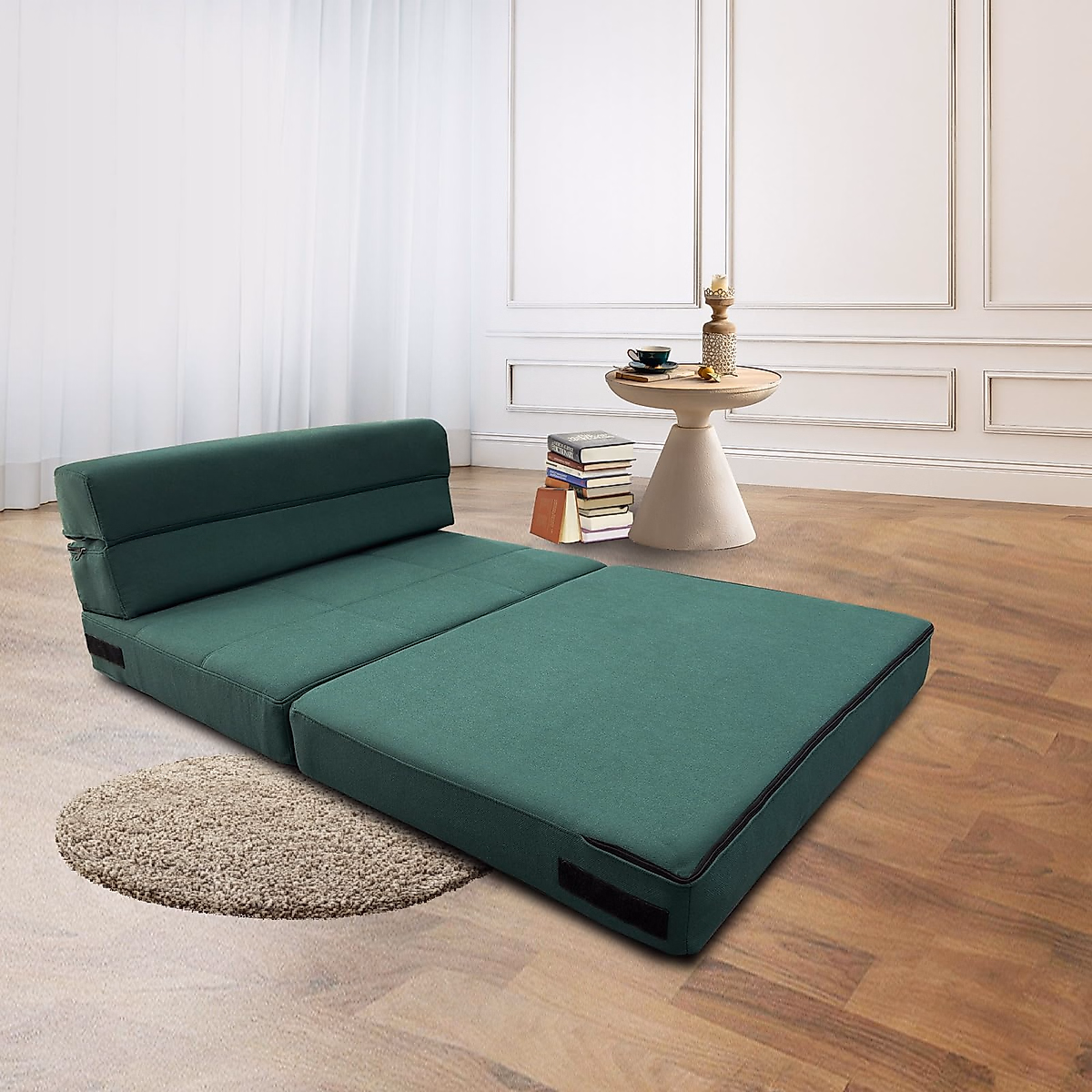 ANONER Memory Foam Fold Out Sofa Bed Couch with Pillow Twin Size Futon Sleeper Chair for Living Room Apartment, Dark Green