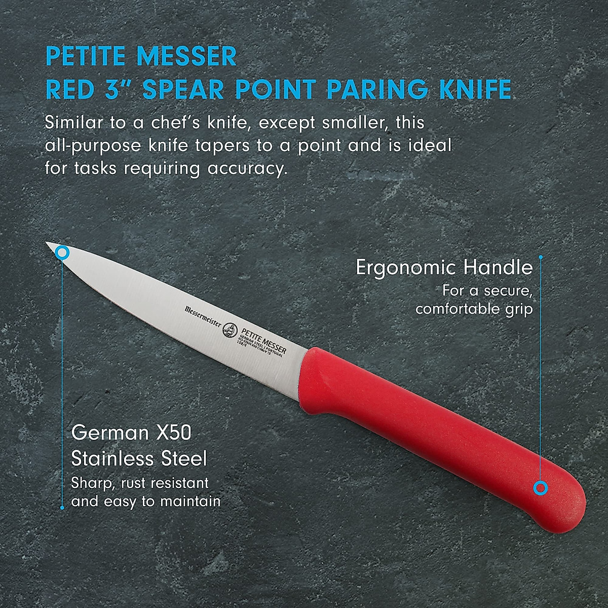Messermeister Petite Messer 4” Spear Point Parer with Matching Sheath, Red - German 1.4116 Stainless Steel & Ergonomic Handle - Lightweight, Rust Resistant & Easy to Maintain