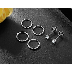 EPIRORA Sterling Silver Stud Earrings Small Cartilage Hoop Earrings for Women Men- 3 Pairs of Hypoallergenic Tiny Earring Set, Including 1 pair of 3mm Cubic Zirconia Earrings & 2 Pairs of 10mm Hoops