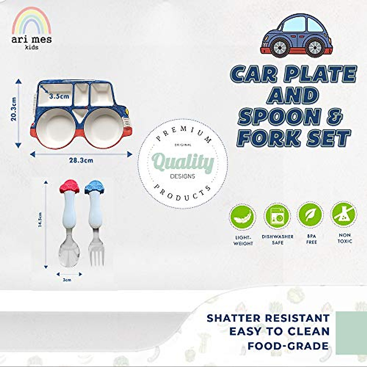 ARI MES Car Shaped Plate and Spoon & Fork Set Divided Plate BPA Free Eco-Friendly Food Level Dinnerware Toddler Child Children Kids Snack Meal Plate Feeding Picky Eater Boys (CAR PLATE + SPOON & FORK)
