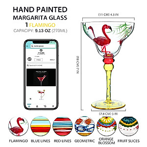 YY Hand Painted Margarita Glass - Moroccan Collection - Hand Painted Glassware by Artists - Unique and Decorative Margarita Glasses, Kitchen Table Décor (Flamingo)