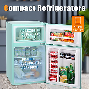 Antarctic Star Mini Fridge 3.1Cu.Ft Compact Refrigerator 2-Doors Freezer Low Noise Defrost Storage of Beverages Vegetables Fruits Kitchen Living Room Office Dormitory Green