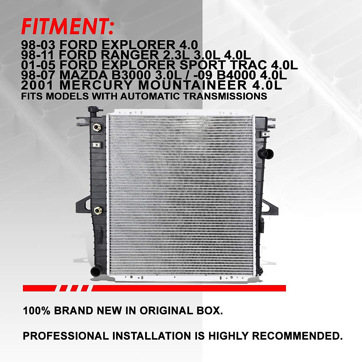 Auto Dynasty DPI 2173 Factory Style 1-Row Cooling Radiator Compatible with Ford Ranger Explorer Mazda B3000 B4000 Mercury Mountaineer 2.3L 3.0L 4.0L AT 98-11, Aluminum Core