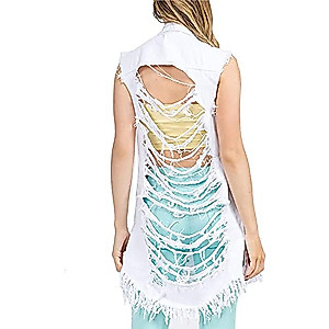 Songling Women's Distressed Ripped Sleeveless Mid Long Denim Jacket Jean Vest Cardigan Coats(White,XXL)