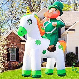 DomKom St. Patricks Day Inflatable Decorations, 5ft Happy Leprechaun Blow Up Décor Built-in LED Lights on Unicorn Playing Guitar, Lucky Day for Outdoor Holiday Party, Lawn, Yard, Garden, Patio