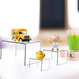 Ouskr 6 Pcs Acrylic Risers for Display, Acrylic Display Riser, Clear Display Stands for Shelf Dessert Cupcake Candy Food Tabletop Collectibles Product Bar Action Figure Jewelry Showcase (3- 4- 5 IN)