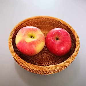 amololo Hadewoven Round Rattan Fruit Basket Wicker Food Tray Weaving Storage Holder Dinning Room Bowl, 8 Inch Small Bread Baskets Tray for Serving with Deep Wall, Brown (Small 7.48”)