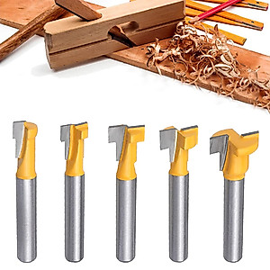 Mesee 5 Pieces T-Slot Router Bit Set, 1/4 Inch Shank T Slotting Keyhole Router Bits Woodworking T-Track Grooving Milling Cutter Tool for 5/16", 3/8", 1/2", 7/16", 5/8" Hex Bolts