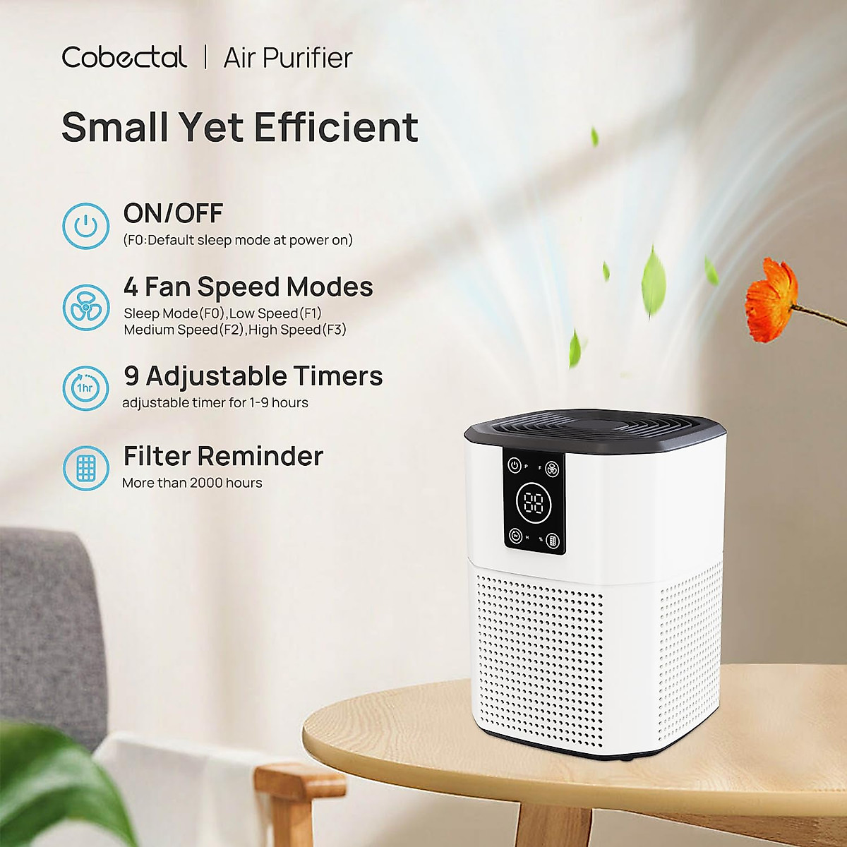 Air Purifiers for Home Bedroom, Quiet Air Purifiers with Sleep Mode, Portable Air Purifier with 4 Speed Control,9 Timers, Small Air Cleaner for Home,Office,Living Room, light white