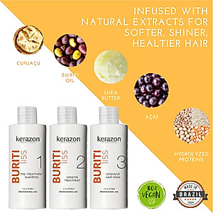 Kerazon Buriti Liss Keratin Treatment KIT - Tratamiento de Keratina Queratina Brasileña para Alisar Importada + Sulfate Free and Sodium Free Shampoo & Conditioner KIT
