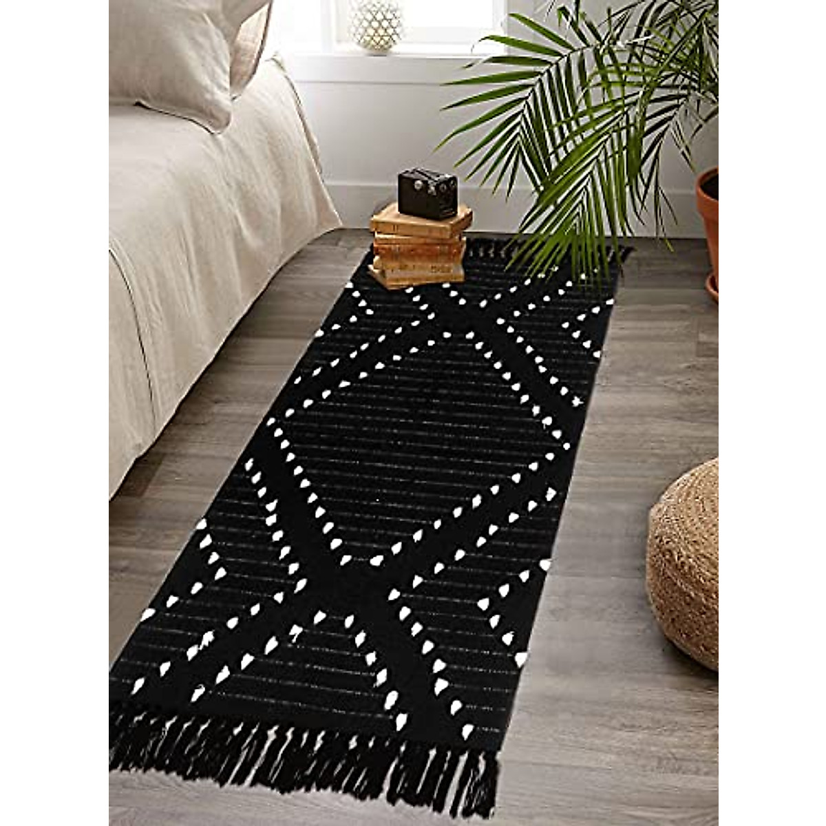 HAOCOO Boho Bathroom Runner Rug 2’ X 4.3’, Black Geometric Washable Woven Cotton Diamond Area Rug, Chic Moroccan Tribal Tassel Kitchen Rug,Throw Floor Mat Carpet Decorative for Living Room Bedroom