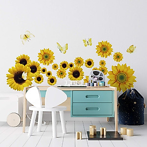 Sunflower Wall Stickers with 3D Butterfly Wall Sticker, Gold 3D Butterfly Metallic Wall Stickers, Removable Yellow Flower Wall Decals Waterproof Sunflower Decor Mural, for Nursery Baby Kids Bedroom