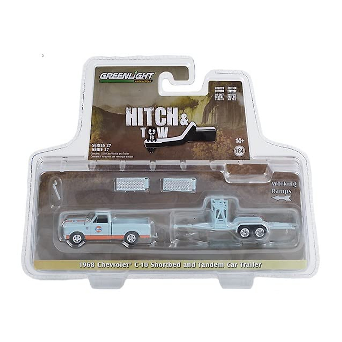 Greenlight 32270-A Hitch & Tow Series 27 - 1968 Chevy C-10 Shortbed Gulf Oil and Gulf Oil Tandem Car Trailer 1/64 Scale
