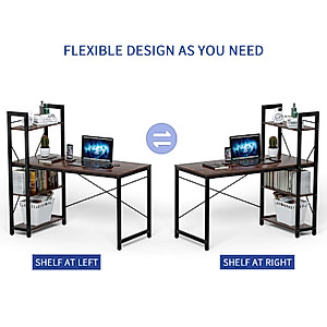 VADIM Computer Desk with Shelves, Modern Office Desk with 4-Tier Shelf, Durable Working Desk for Home, Bedroom, Office, Sturdy Writing Table with Storage Bookshelf, 47 Inches, Walnut