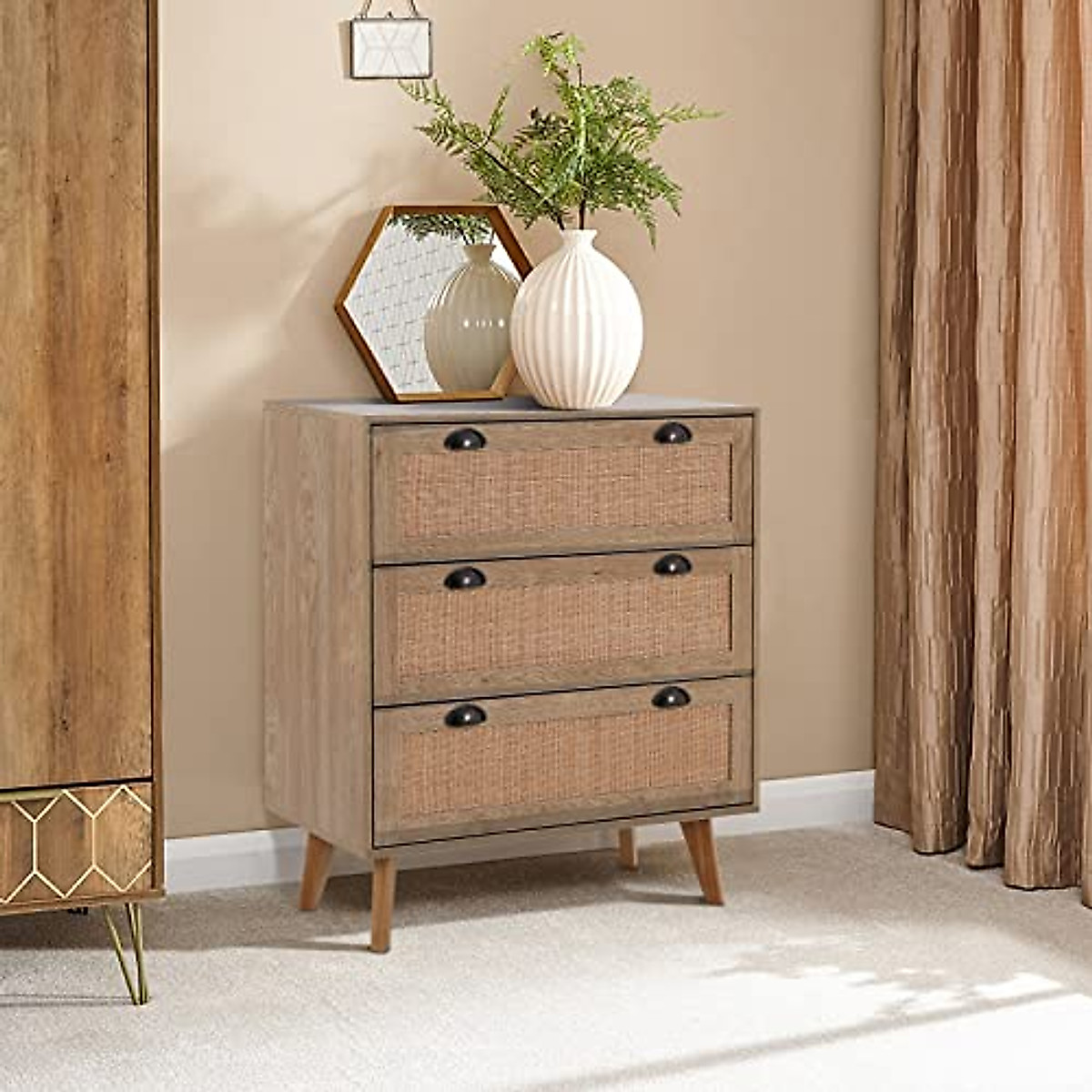 Sophia & William Rattan Cabinet Boho Dresser 3-Drawer Chest of Drawers/Accent Storage Cabinet/Nightstand for Bedroom Living Room