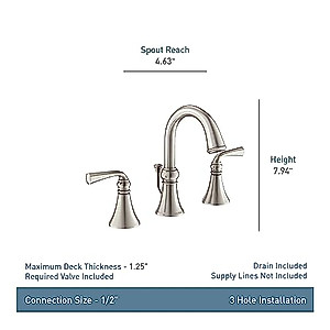 Moen Wetherly Spot Resist Brushed Nickel Two-Handle Widespread Bathroom Faucet with Valve Included, Bathroom Faucets for Sink 3-hole Deck Mounted Setup, WS84855SRN, ‎4.63 x 14 x 7.94 inches