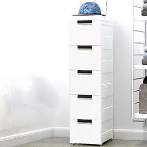 5 Drawers Narrow Slim Plastic Storage Cabinet,Storage Drawer with 4 Wheels,5 Tier Drawers Dresser,White