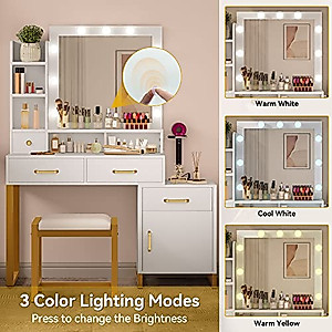 DWVO 41.2inch Makeup Vanity with Mirror and Lights, Vanity with Lights and Drawers, Vanity Mirror with Lights and Table Set, 3 Color Adjustable Lighting Brightness & Power Outlet, White