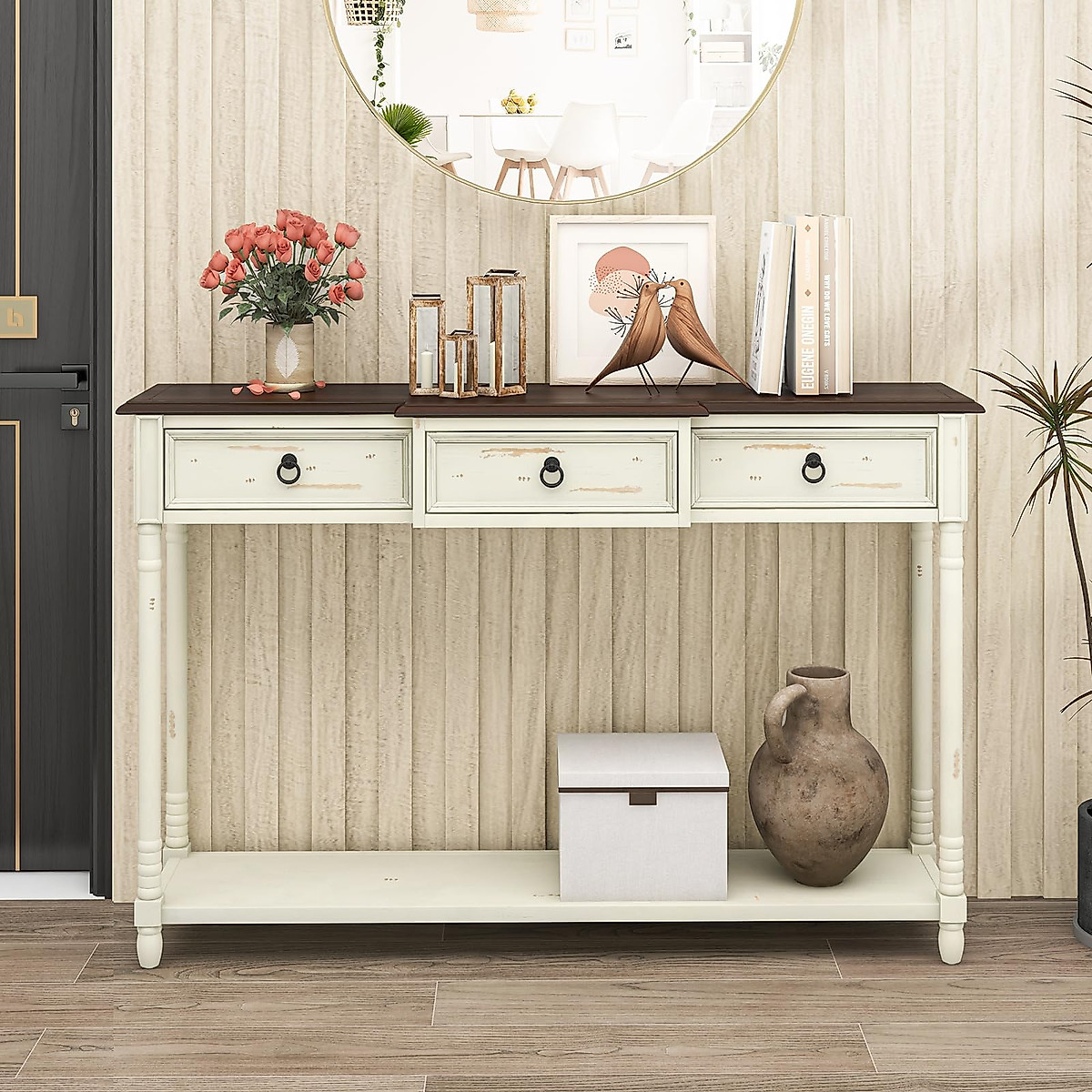 Giantex Console Table with 3 Storage Drawers - Entry Table, Rustic Farmhouse Entryway Table with Open Storage Shelf, Solid Wood Legs, Long Sofa Table for Living Room, Hallway, Narrow Console Table