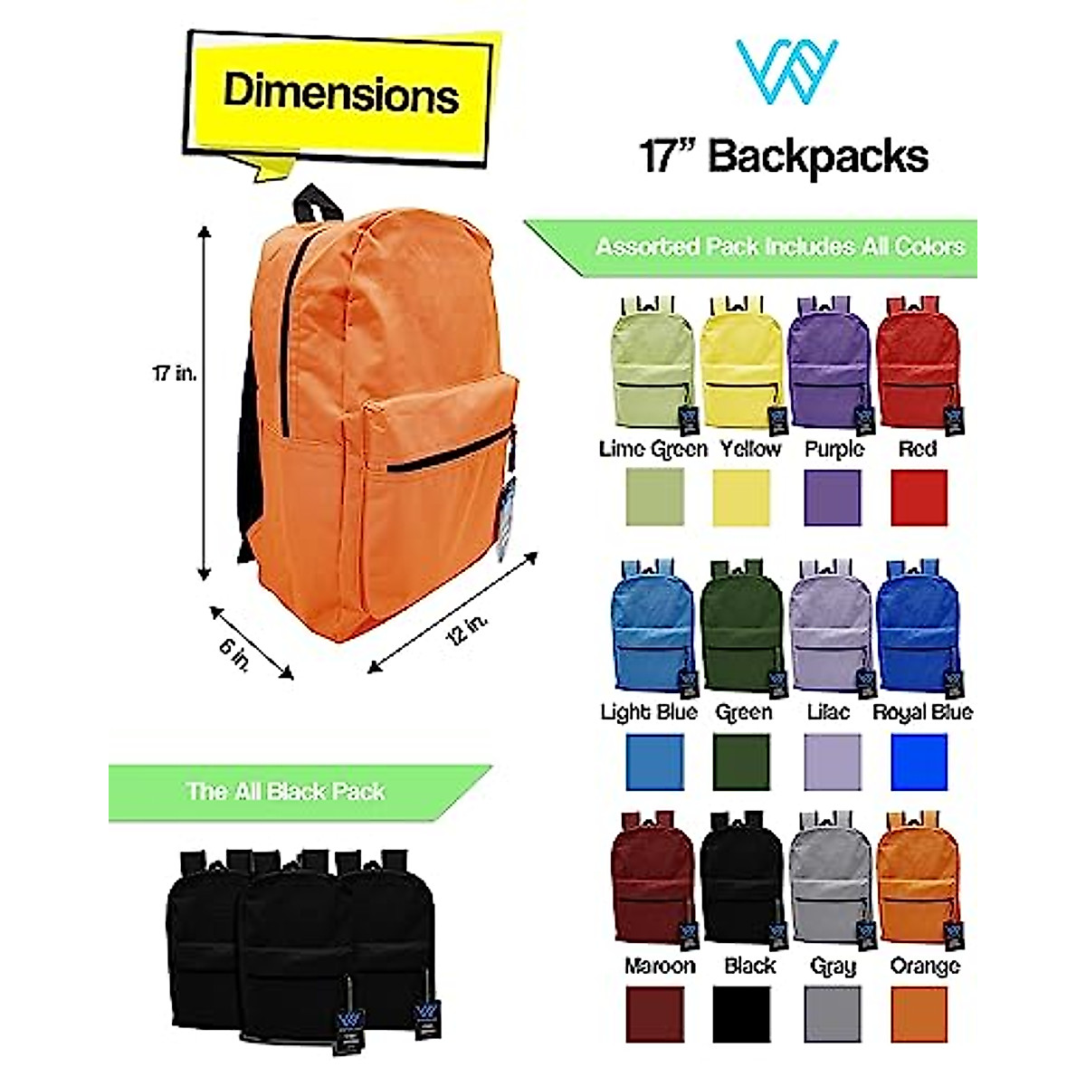 48 Pack Backpack, Bulk 17 inch Outdoor Travel Zippered Bags Bulk Pack for Corporate Events (Black)