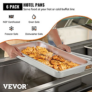 Mophorn Hotel Pans Full Size 2.5 Inch Deep, Steam Table Pans 6 Pack, 22 Gauge/0.8mm Thick Stainless Steel Hotel Pan Anti Jam Steam Table Pan