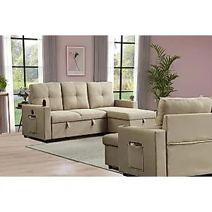 Bonrcea Pull Out Sleeper Sofa,L-Shaped Reversible Sleeper Sectional Sofa Bed with Storage Chaise for Living Room (Light.Brown)