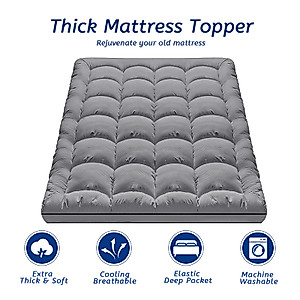 Queen Size Mattress Topper for Back Pain, Cooling Extra Thick Mattress Pad Cover with 8-21 inch Deep Pocket, Plush Pillow Top Mattress Topper Overfilled with Down Alternative, Queen Size, Dark Grey