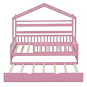BIADNBZ Twin Size House Bed with Trundle and Storage Shelves, Wooden Kids Montessori Bed Playhouse w/Roof & Fence Rails, Tent Platform Bedframe for Girls Boys Teens,Pink