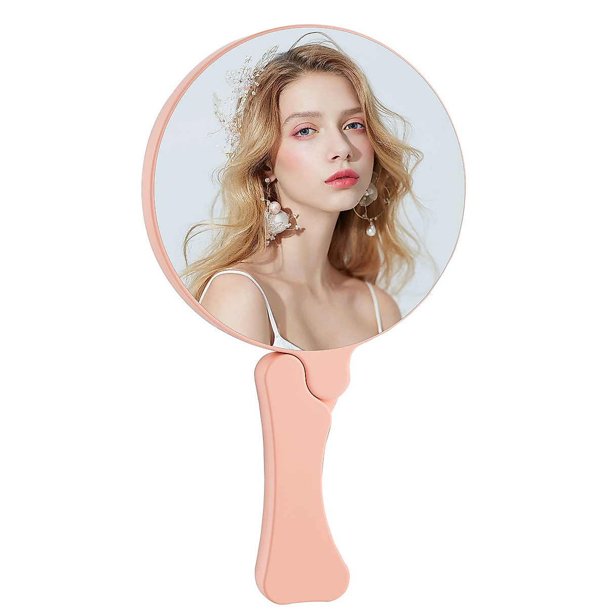 Handheld Mirror with Folding Handle, Round Portable Small Hand Mirror for Travel Makeup, Lightweight, Without Lights (Pink)