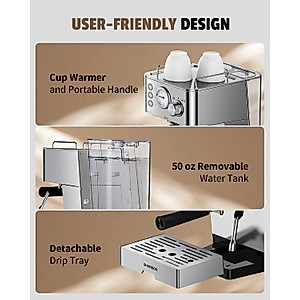 SHARDOR 20 Bar Espresso Machine,Fast Heating Expresso Coffee Machines for Home, Manual Latte & Cappuccino Maker with Milk Frother, 50 Oz Removable Water Tank, 1100W, Stainless Steel