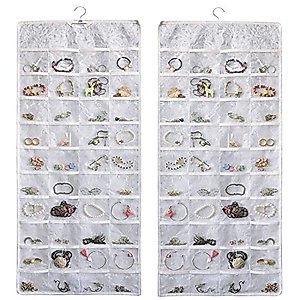 BB Brotrade Hanging Jewelry Organizer,Double Sided Jewelry Storage Organizer with Embossed Pattern,80 Clear PVC Pockets Organizer for Holding Jewelries (White)