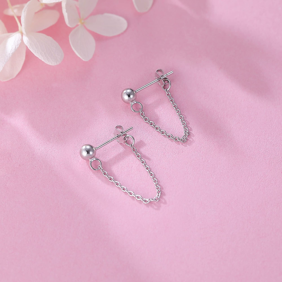 Reffeer Minimalist Ball Earrings with Chain Dangle Earrings for Women Teens Girls Dangle Earrings Studs Cute Solid 925 Sterling Silver Earrings(Silver)