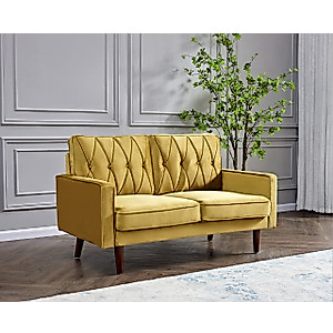Container Furniture Modern Style Tufted Velvet Couch for Living Room with Soft Fabric Upholstery and Solid Wood Frame, 57.5'' Wide Loveseat, Yellow Green