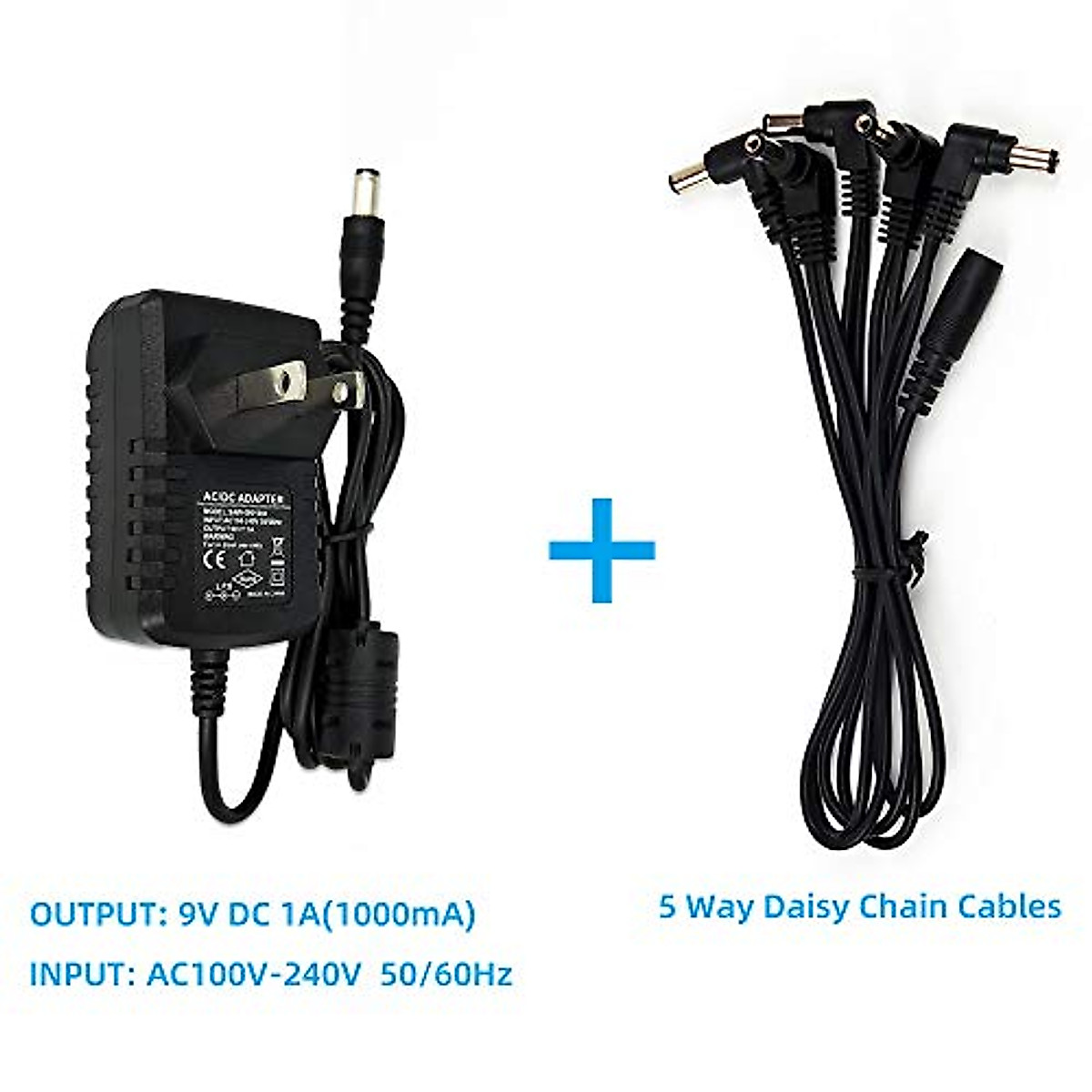 Pigtone DC 9V Guitar Pedal Power Supply AC Wall Charger Adapter 9V DC 1A 1000mA Tip Negative 5 Way Daisy Chain Pedal Cables for Most Guitar Effect Pedals