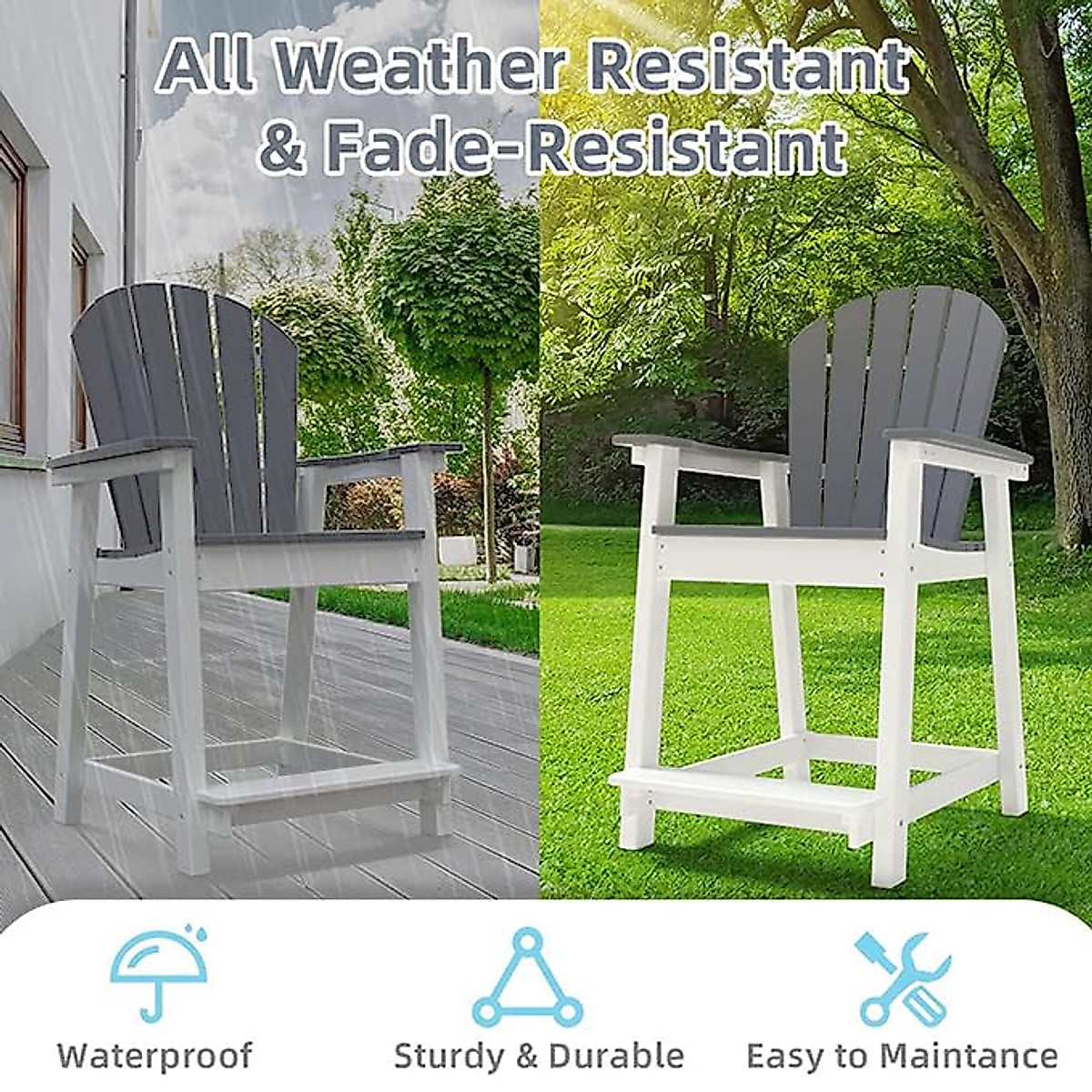 OTSUN Outdoor Tall Adirondack Chairs Set of 2, Patio Bar Stool Chair with High Back, 400lbs, Widened Arms, All-Weather Balcony Chair for Backyard, Garden, Yard - Light Grey