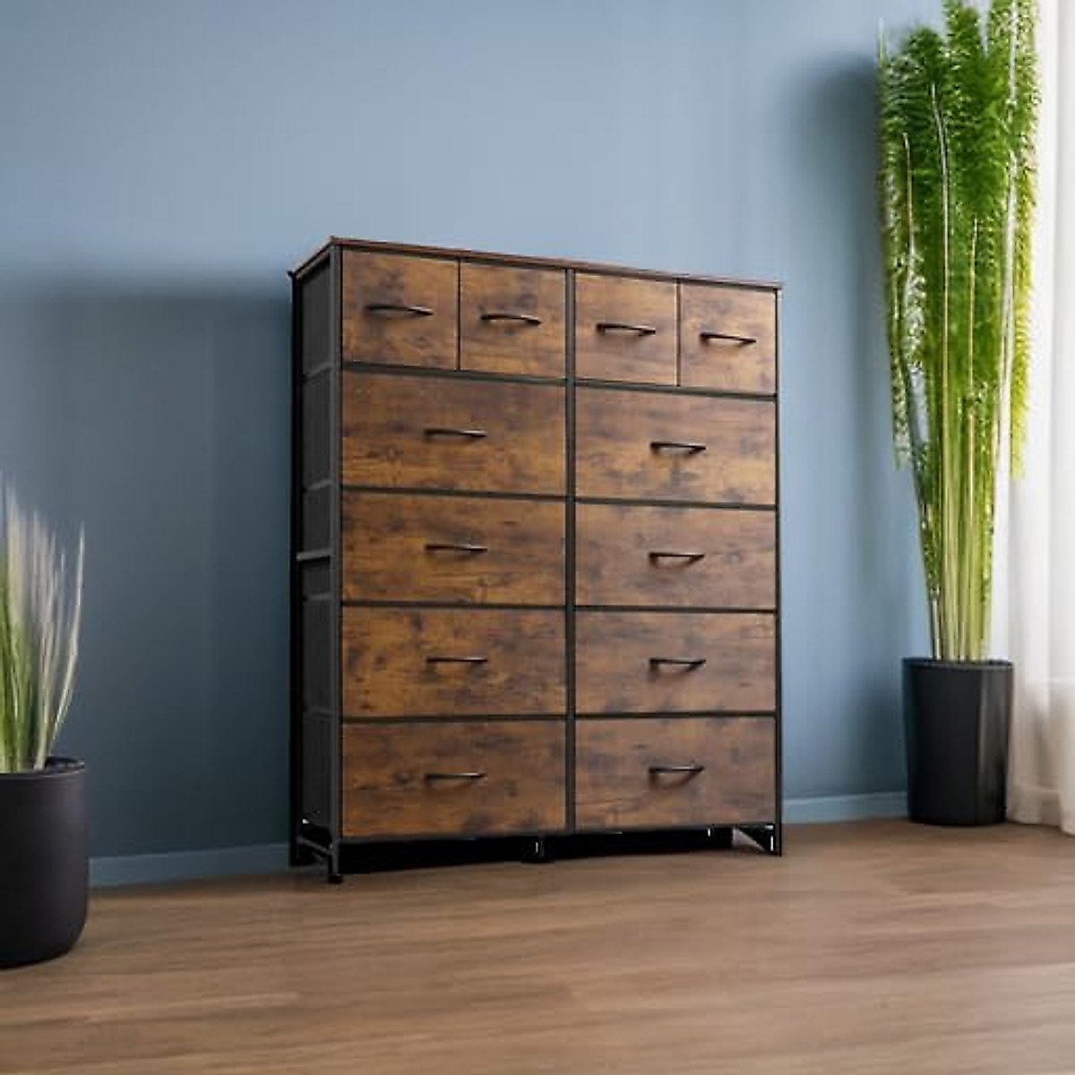 WLIVE Tall Dresser for Bedroom with 12 Drawers, Chests of Drawers, Fabric Dresser for Bedroom, Closet, Fabric Storage Dresser with Drawers, Steel Frame, Rustic Brown Wood Grain Print