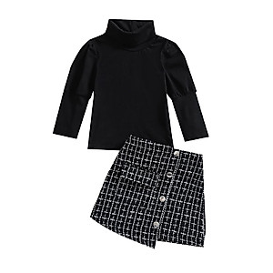 Kupretty Toddler Baby Girl Fall Winter Clothes Turtleneck Solid Knit Pullover Tops Plaid Button A-Line Skirts Set Outfits (Black Plaid Skirt Set, 3-4T)