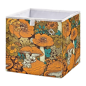 Vnurnrn Collapsible Storage Cube Vintage Orange Mushroom Print, Storage Bins with Support Board, Foldable Basket for Shelf Closet Cabinet 11×11×11 in